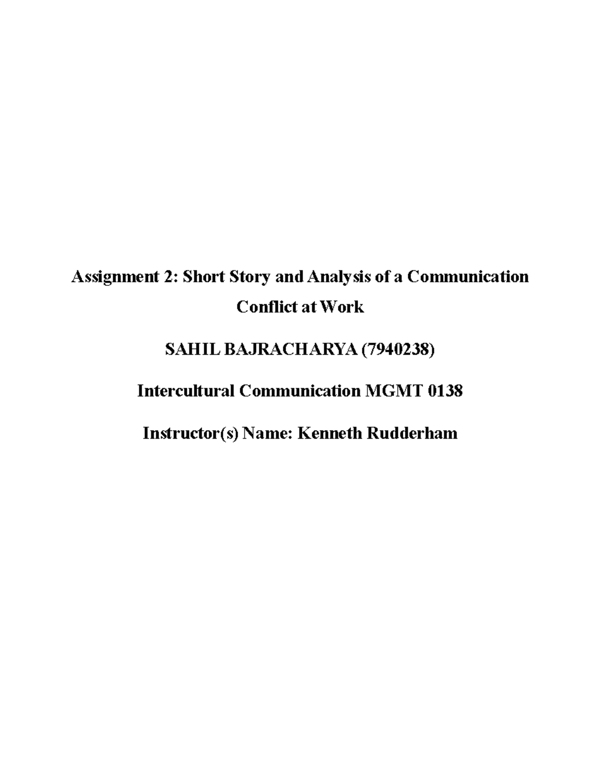 Assignment 2 Intercultural Communication - Assignment 2: Short Story and Analysis of a ...