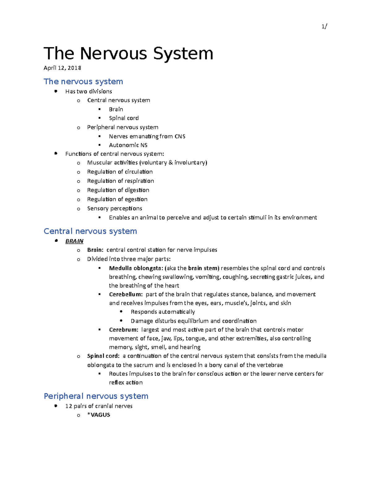 The Nervous System 4 - Lecture notes E4 - The Nervous System April 12 ...