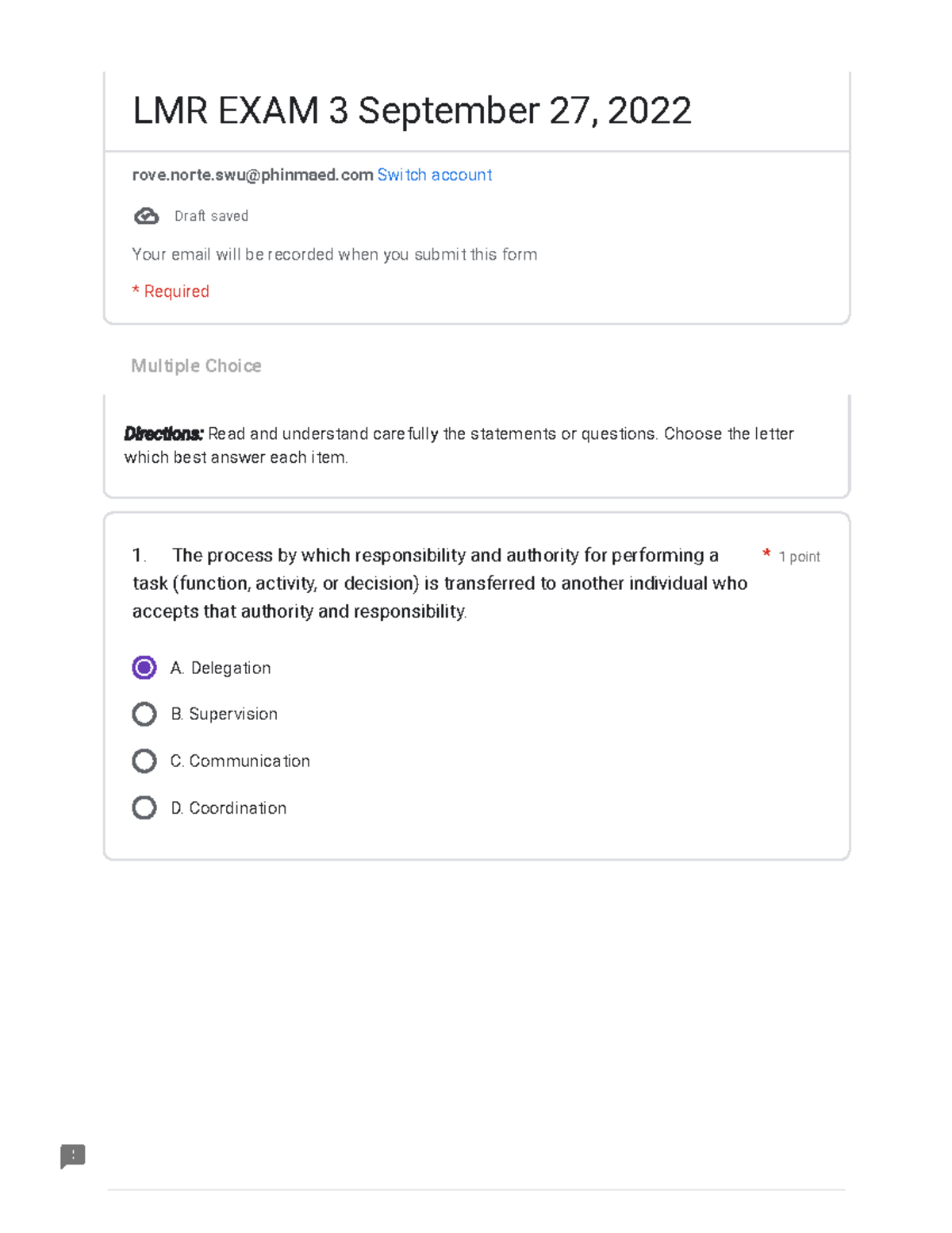 LMR EXAM 3 September 27 2022 - Multiple Choice Directions: Read and ...