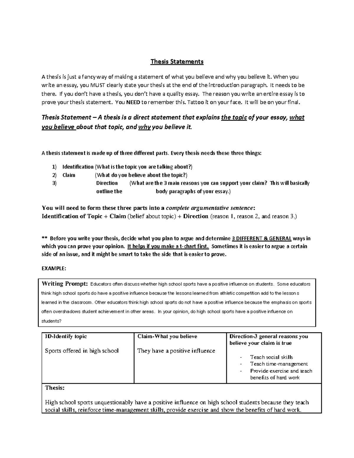 Thesis Practice for Final Paper - Thesis Statements A thesis is just a ...