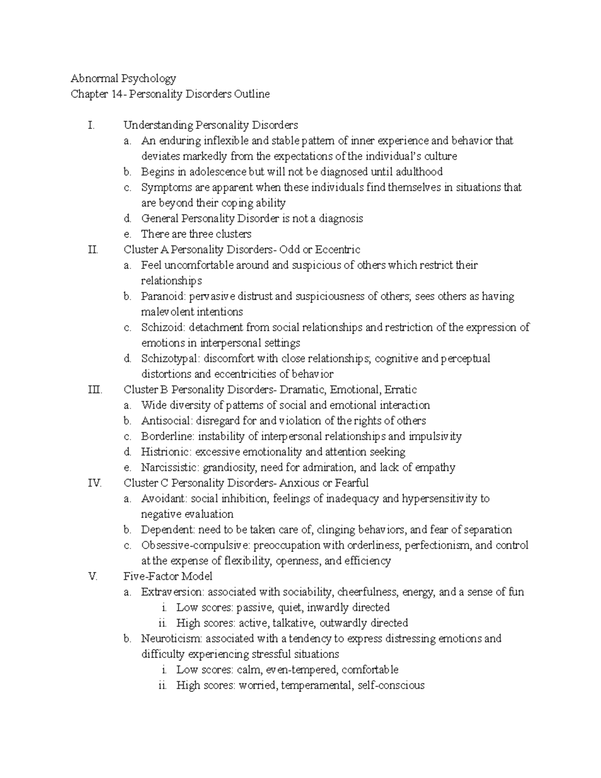 Abnormal Psychology Chapter 14- Personality Disorders Outline ...