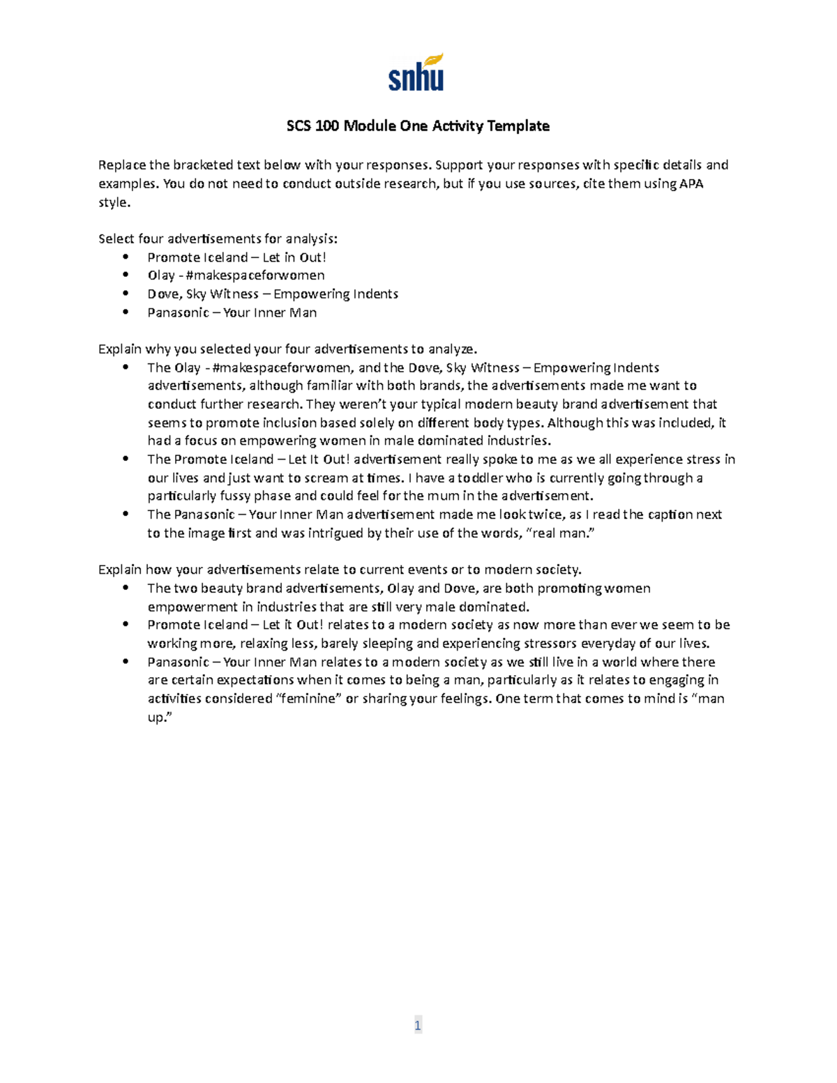 SCS 100 Module One Activity - Support your responses with specific ...