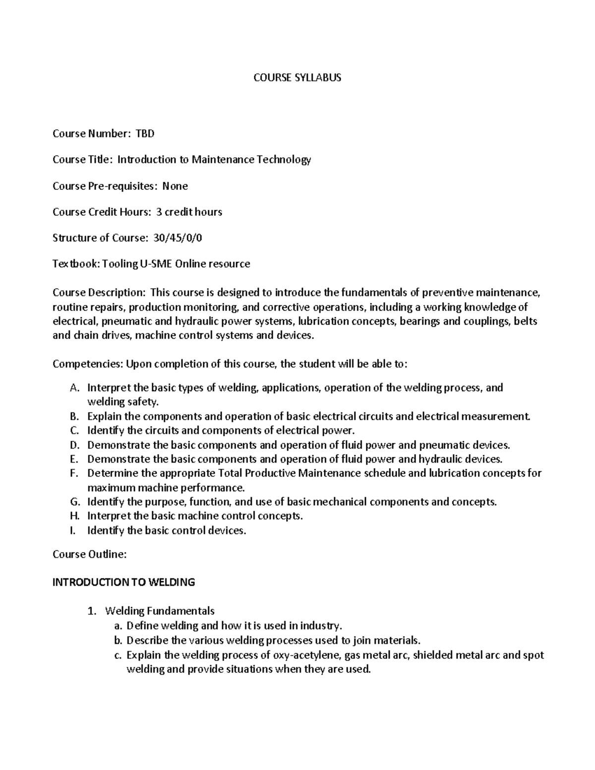 Maintenance Technology 6-2016 - COURSE SYLLABUS Course Number: TBD ...