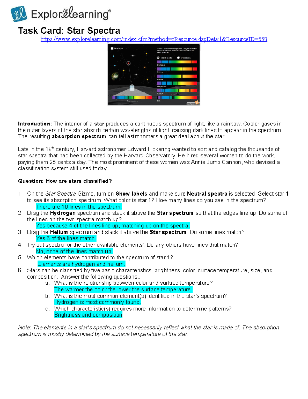 Star Spectra Task Card Gizmo Task Card Star Spectra Explorelearning