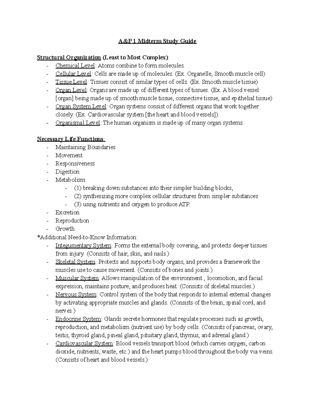 (BSC 2085) A&P 1 Midterm Study Guide - A&P 1 Midterm Study Guide Structural Organization (Least ...