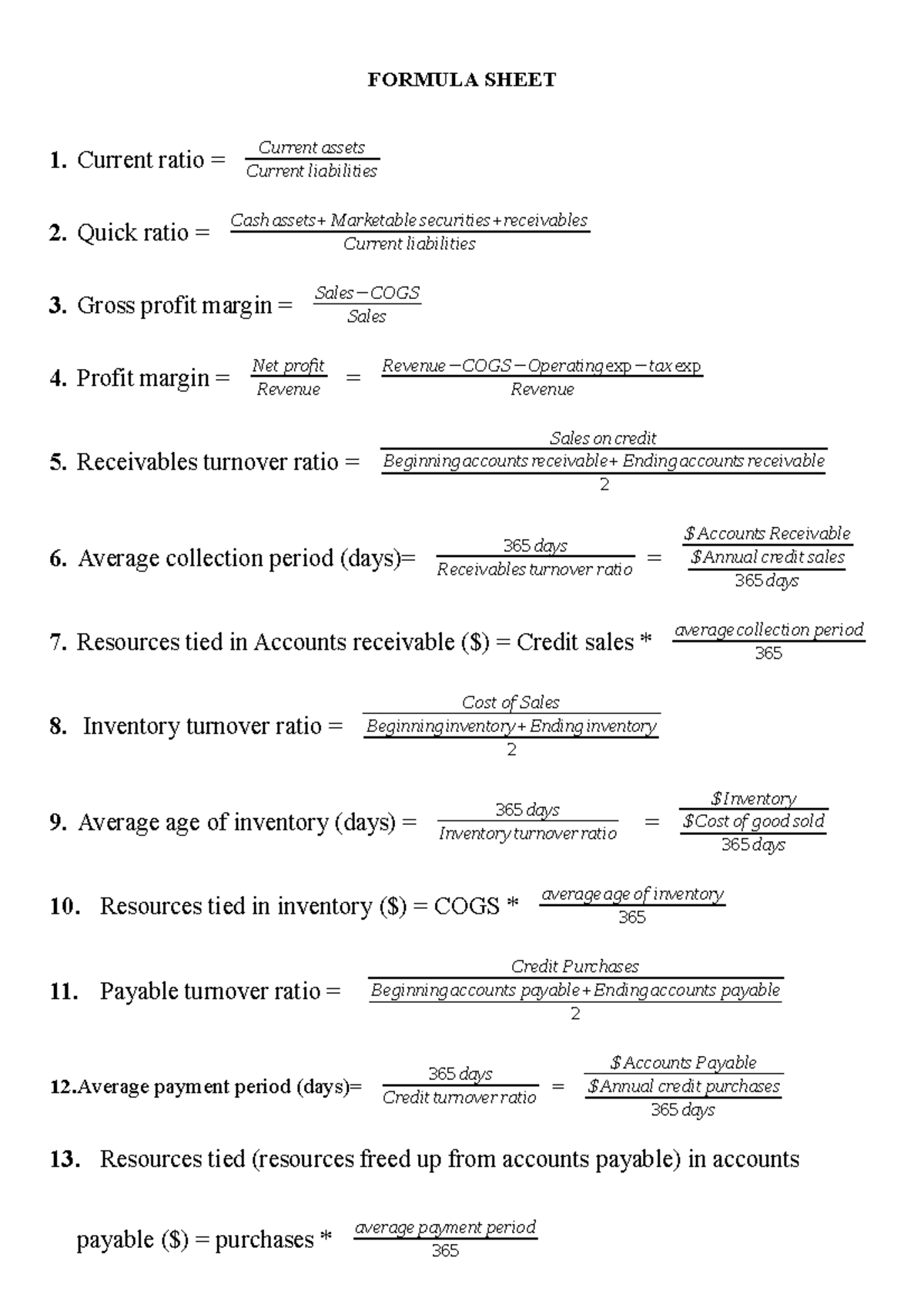 Formula sheet 2021 - FORMULA SHEET 1. Current ratio = Current assets ...