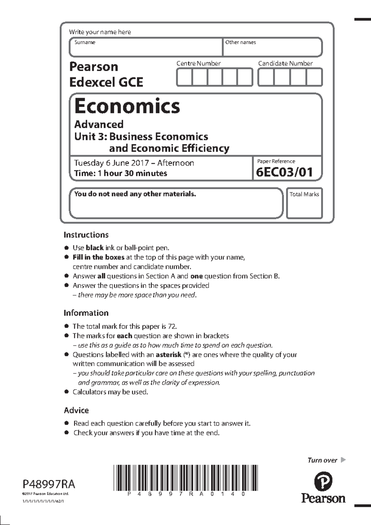 6EC03 2017 - .................... - Centre Number Candidate Number ...