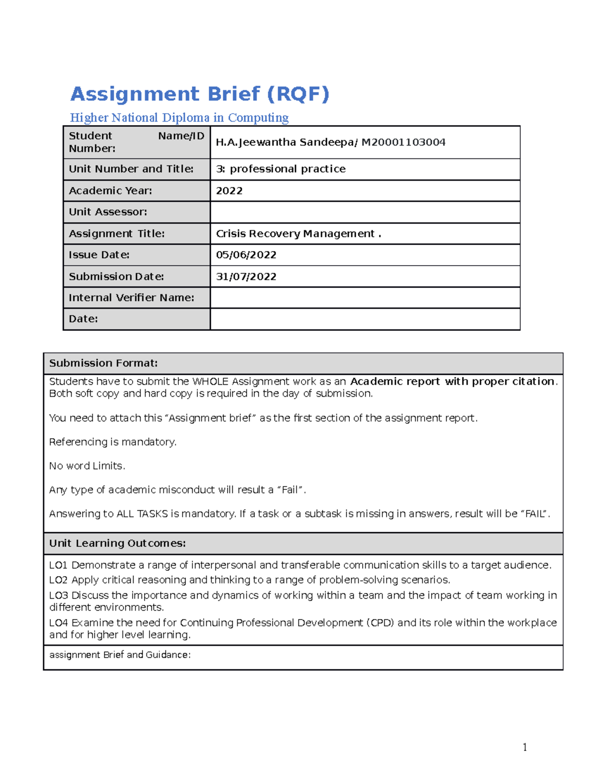 Professional practice - Assignment Brief (RQF) Higher National Diploma in Computing Student Name ...