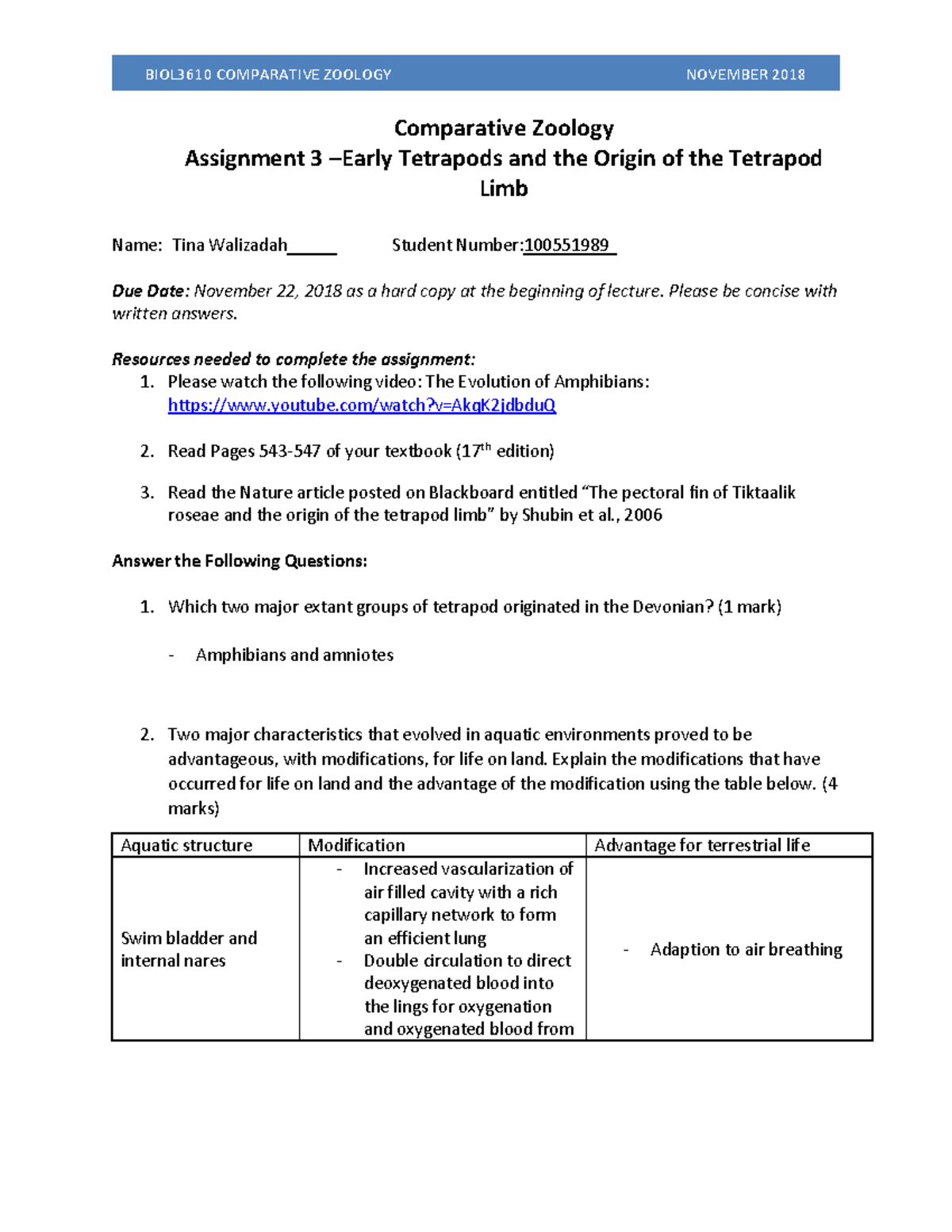 Zoology assingment 3 - Required assignment 3 - BIOL3610 COMPARATIVE ...
