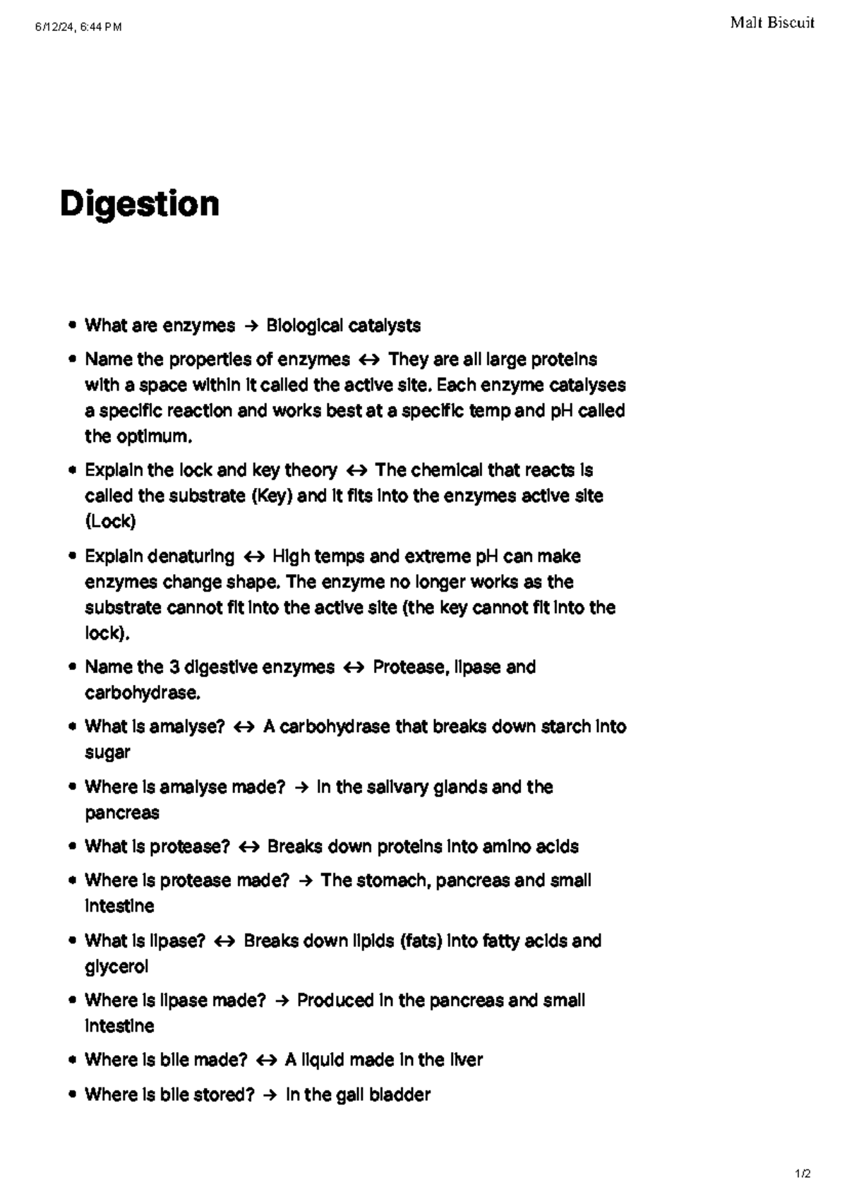 Digestion - Digestion What are enzymes → Biological catalysts Name the ...