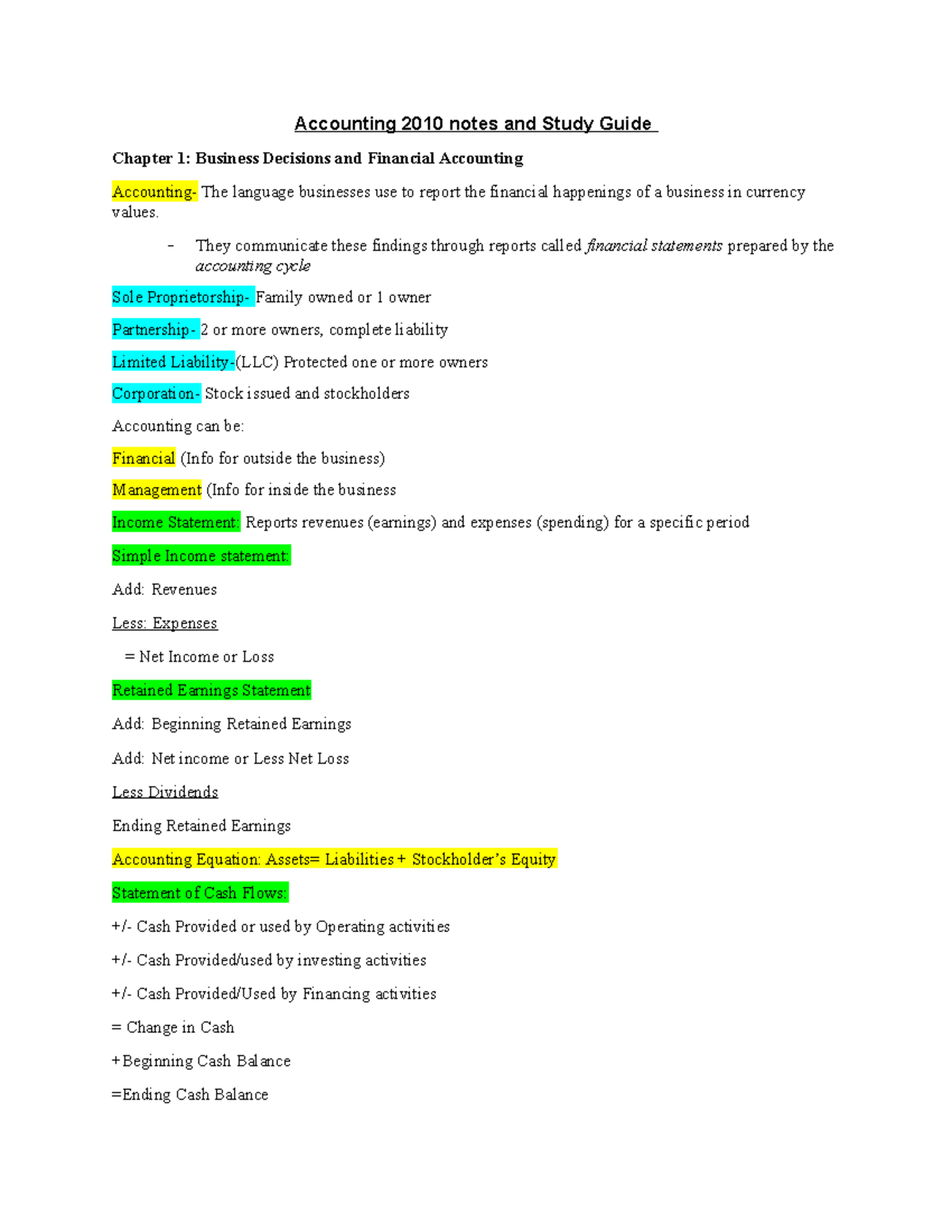Accounting 2010 Notes - Accounting 2010 notes and Study Guide Chapter 1 ...