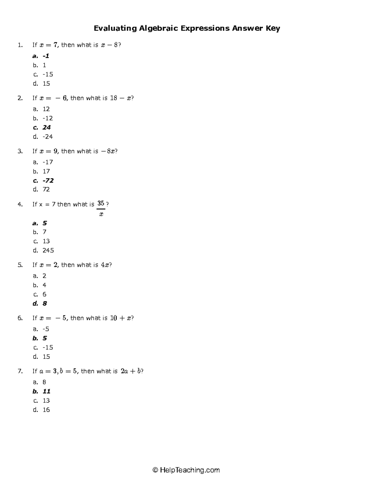 Algebraic Expressions Answers - 1. If , then what is? a. - b. 1 c. - d ...