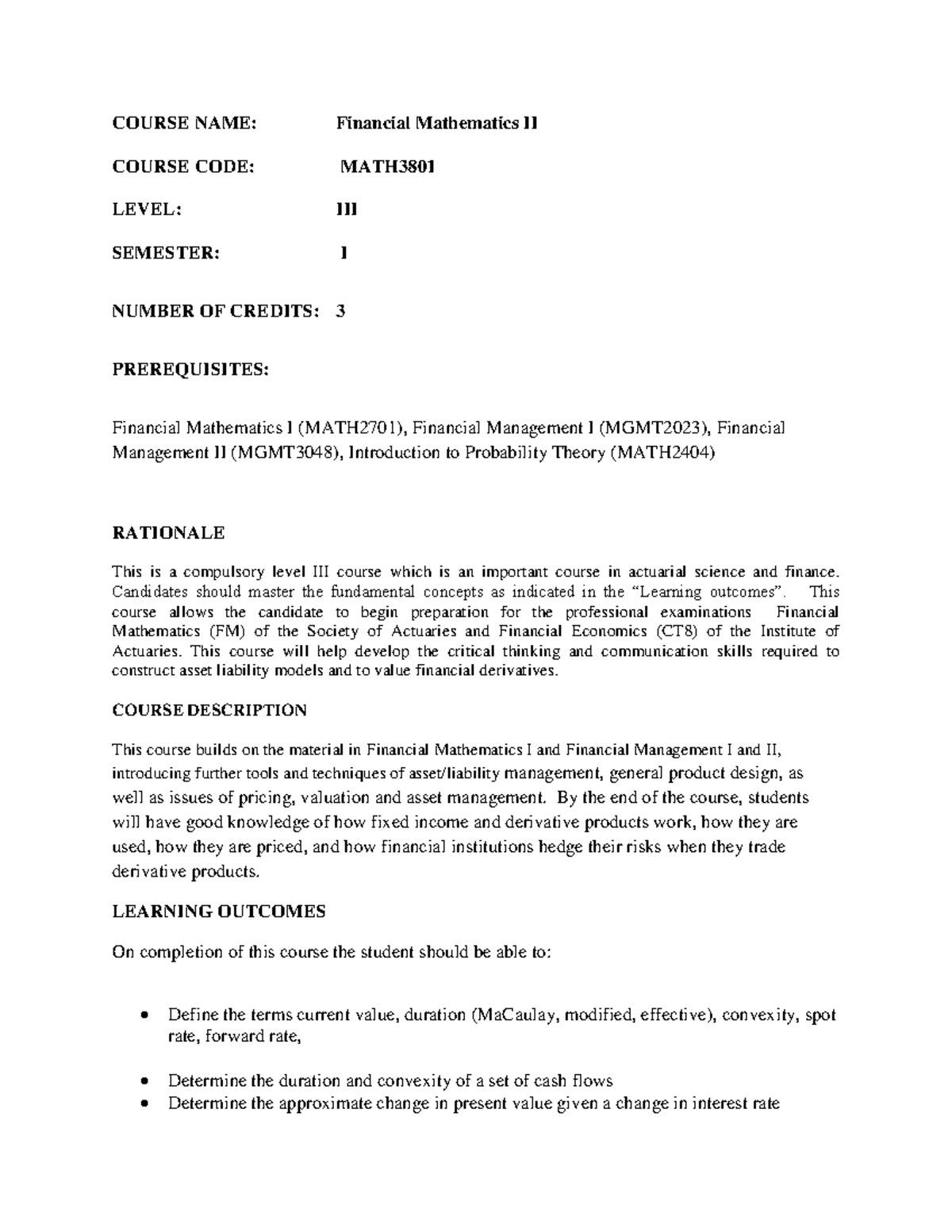 Math3801 - Summary Mathematics II - COURSE NAME: Financial Mathematics ...