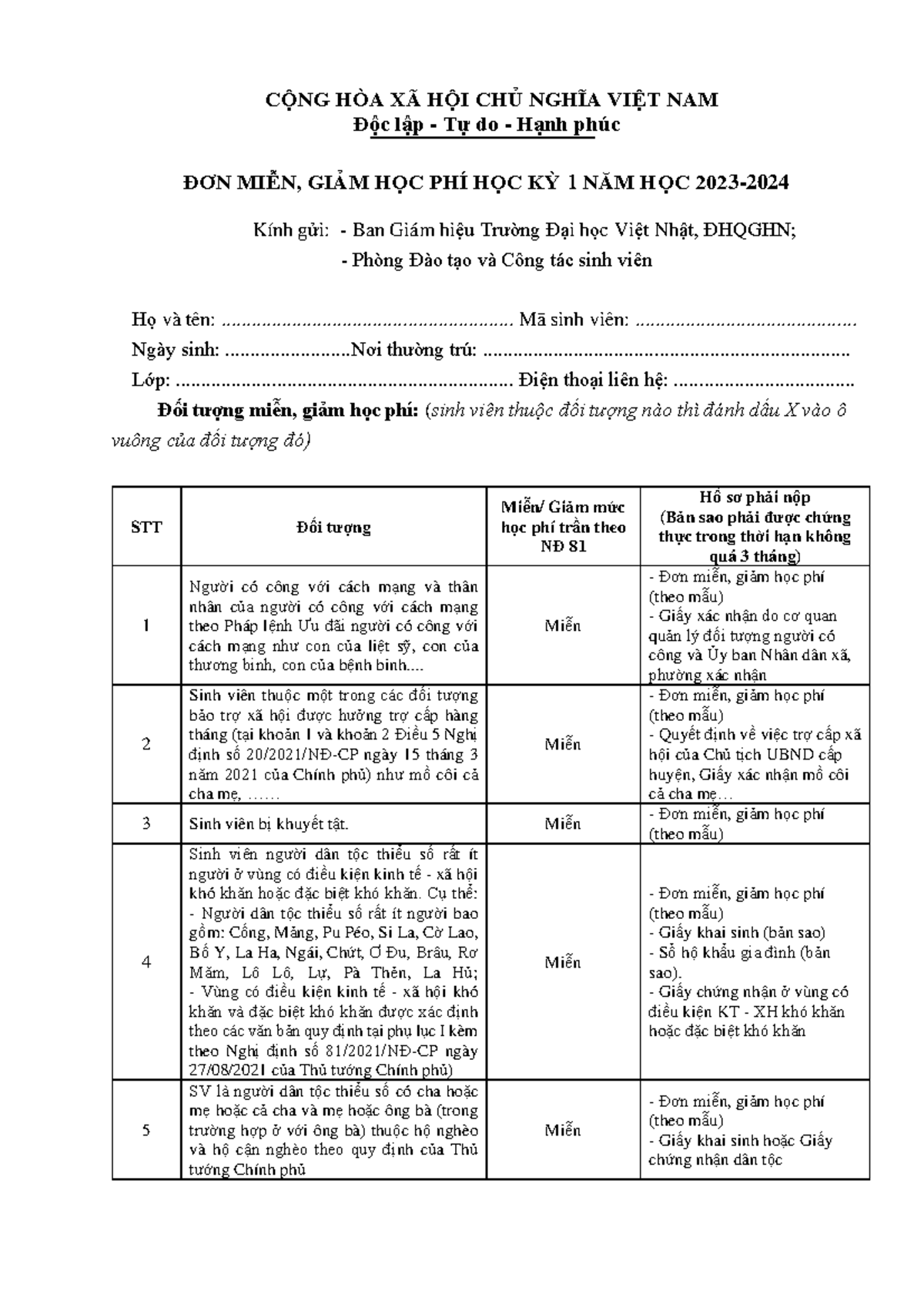 Đơn xin miễn giảm học phí - CỘNG HÒA XÃ HỘI CHỦ NGHĨA VIỆT NAM Độc lập ...