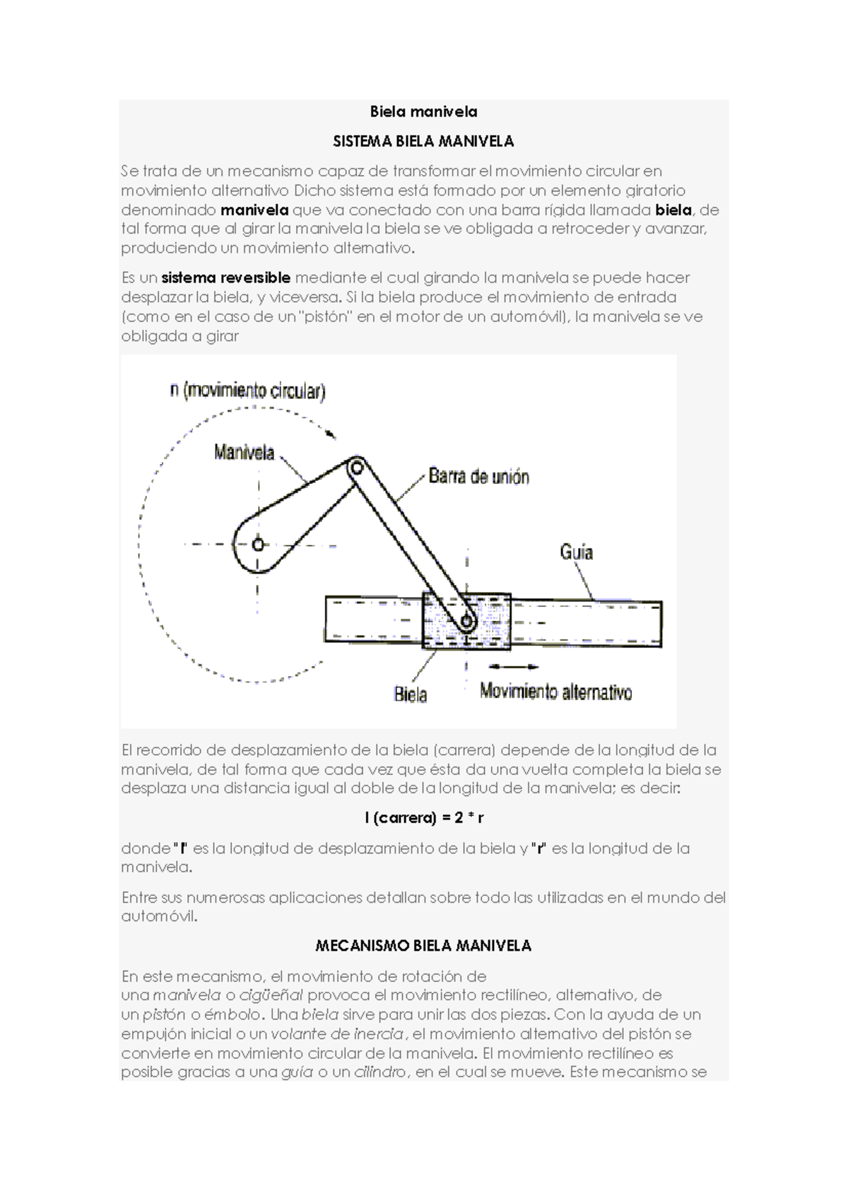 Toaz - manual - Biela manivela SISTEMA BIELA MANIVELA Se trata de un mecanismo capaz de ...