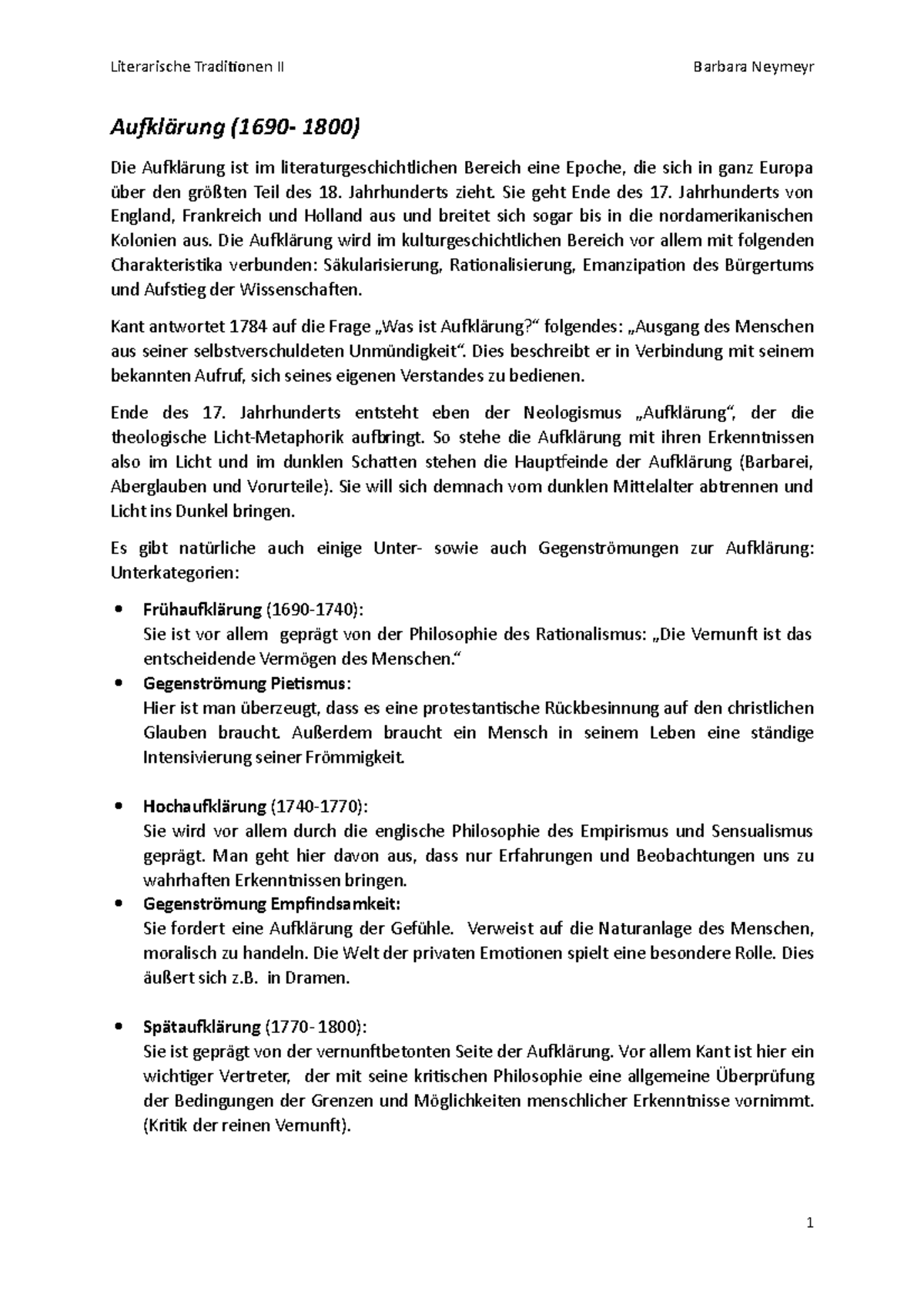 Literarische Traditionen 2 - Aufklärung (1690- 1800) Die Aufklärung ist ...