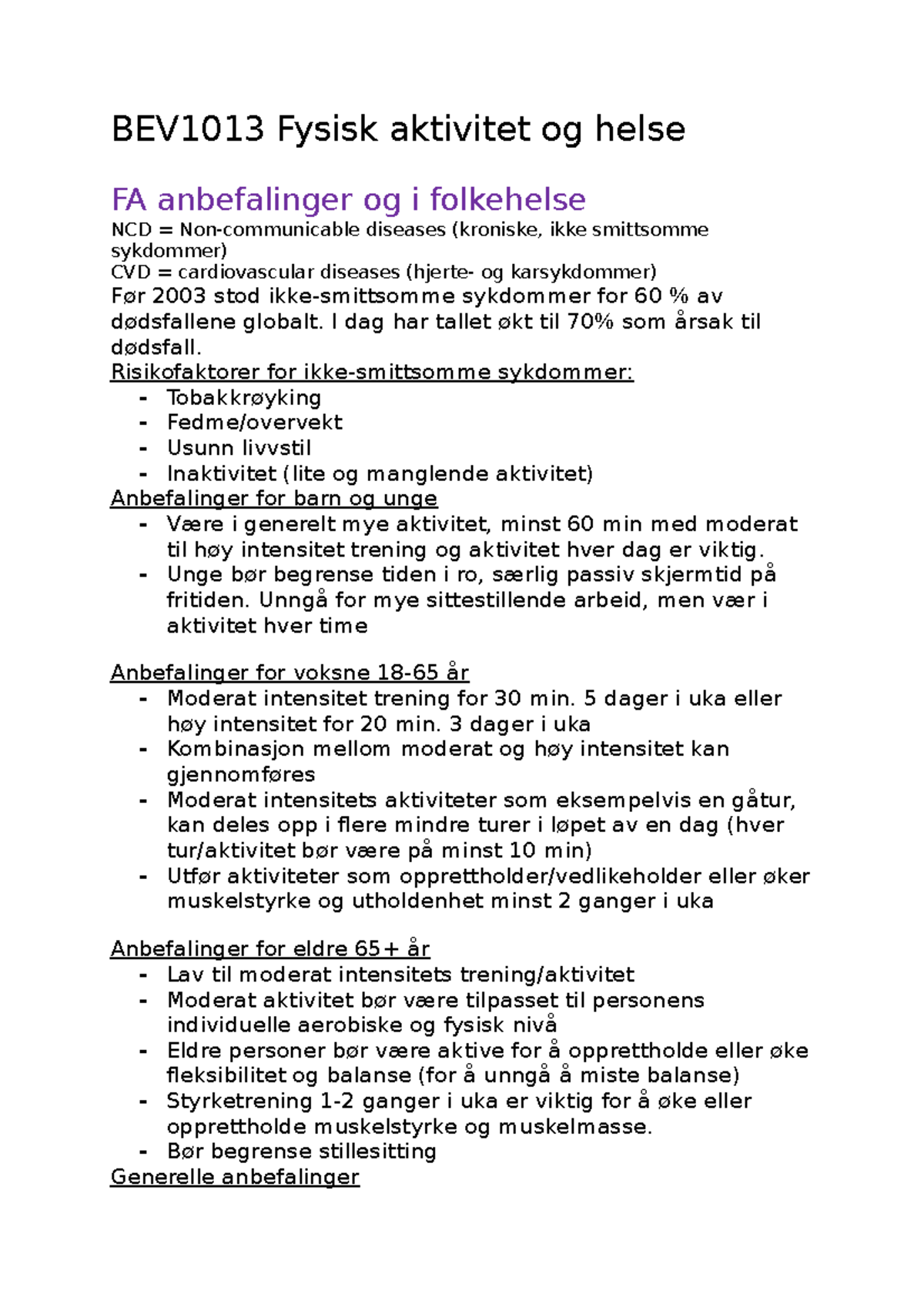 Oppsummering BEV1013 - BEV1013 Fysisk aktivitet og helse FA anbefalinger og i folkehelse NCD ...