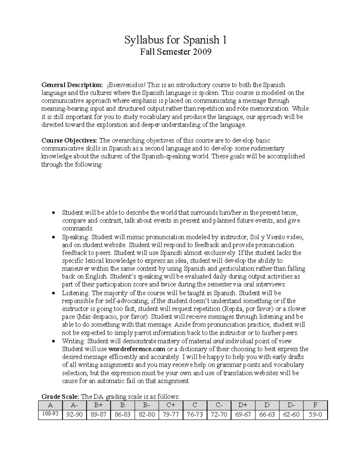 Spanish I - syllabus - - Studocu