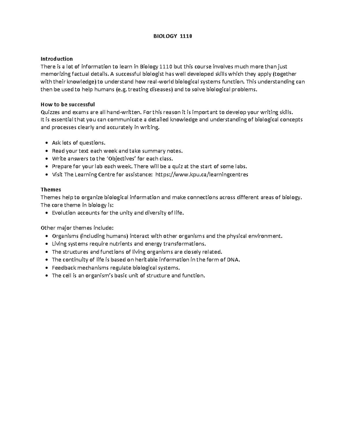 BIOL 1110 Intro - A brief over view on the structure of the course ...