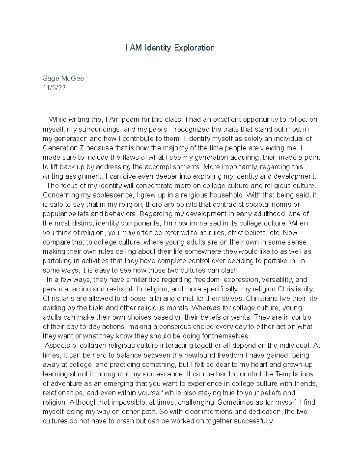 Writting #2 - Writing assignment - I AM Identity Exploration Sage McGee ...