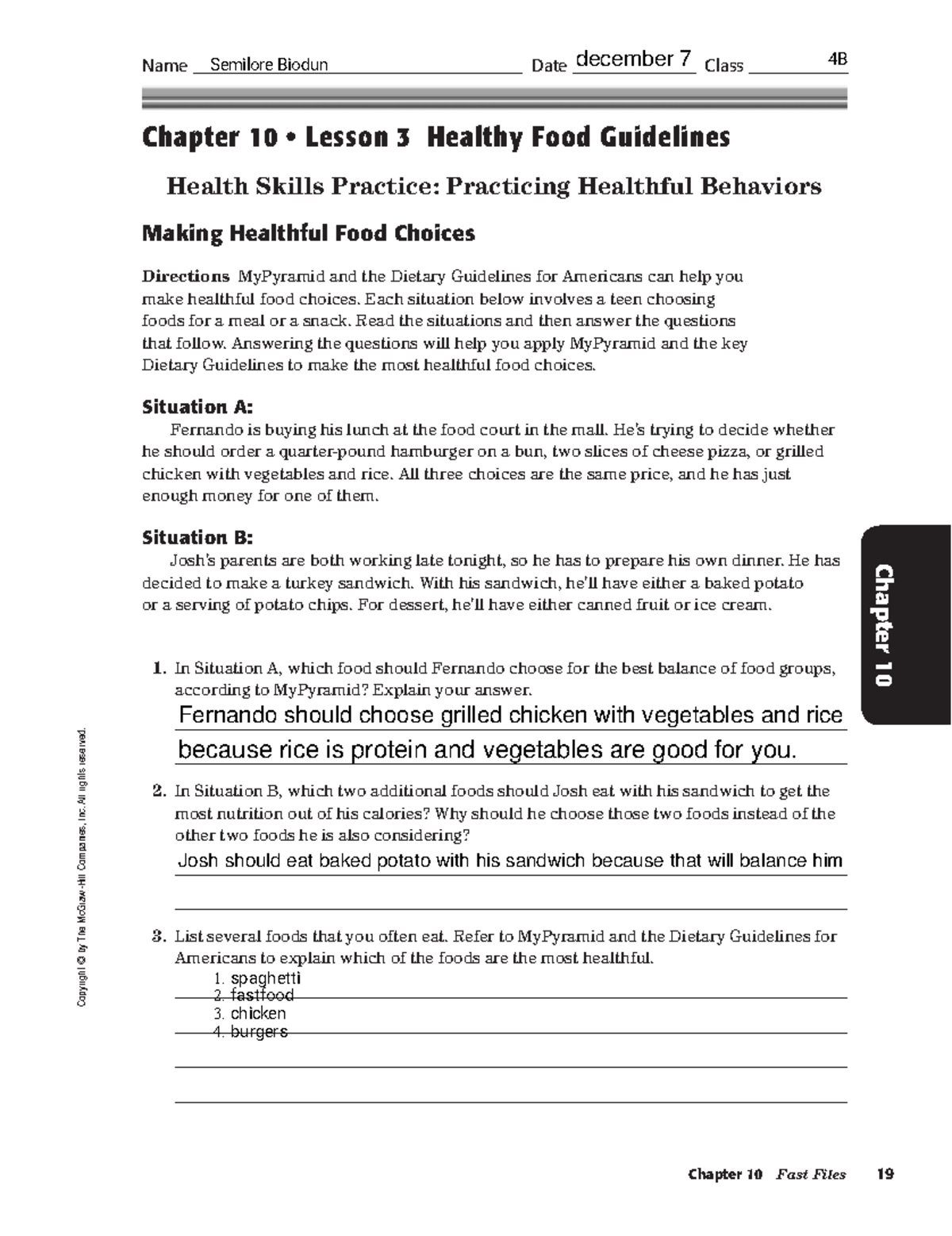 10.3 Health skills practice - Copyright © by The McGraw-Hill Companies ...