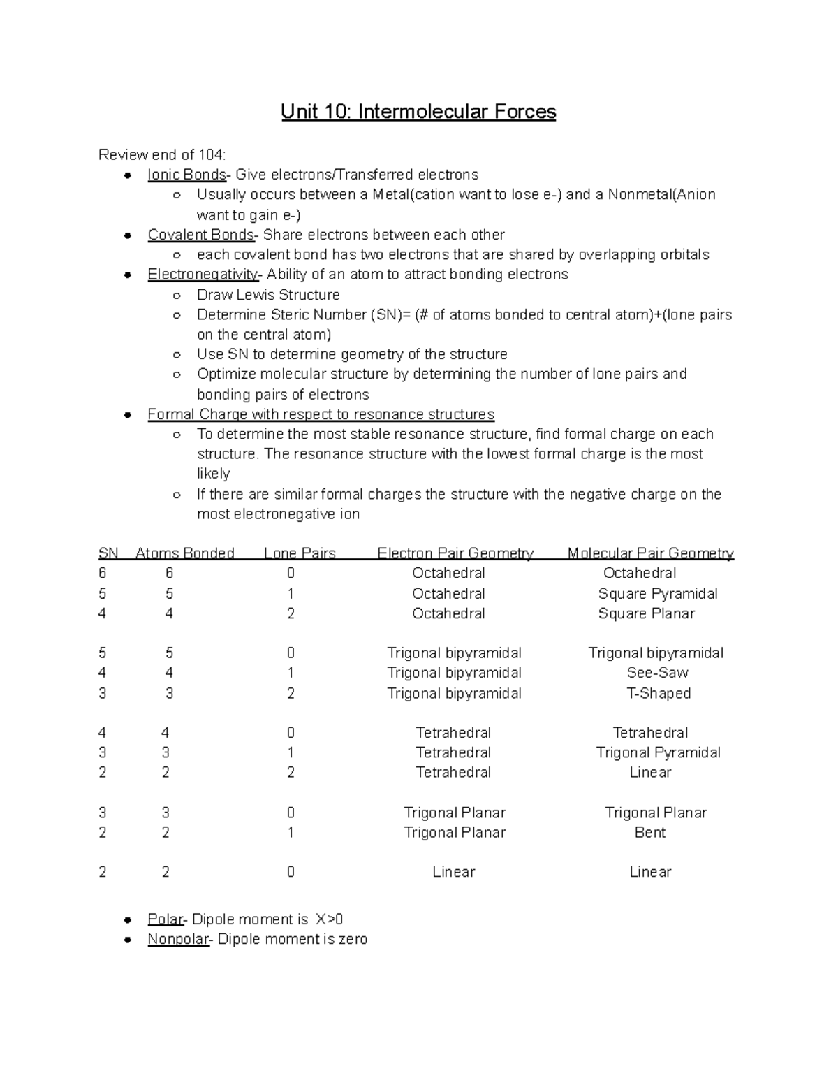 Chem 105 Unit 10 - Condensed notes of unit 10 - Unit 10: Intermolecular ...