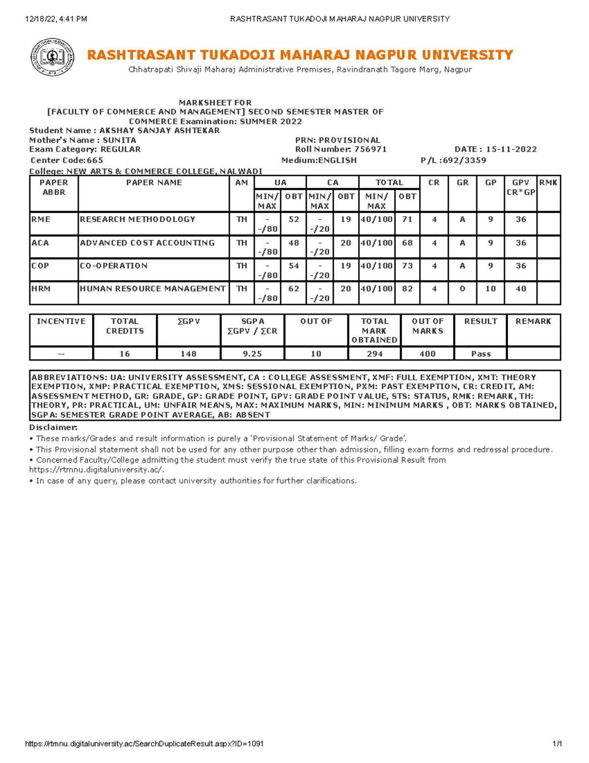 Mcom marksheet - 12/18/22, 4:41 PM RASHTRASANT TUKADOJI MAHARAJ NAGPUR UNIVERSITY - Studocu