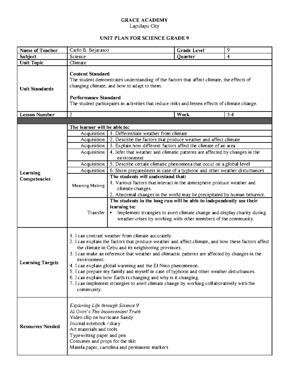 Pdfcoffee - uus - GRACE ACADEMY Lapulapu City UNIT PLAN FOR SCIENCE ...