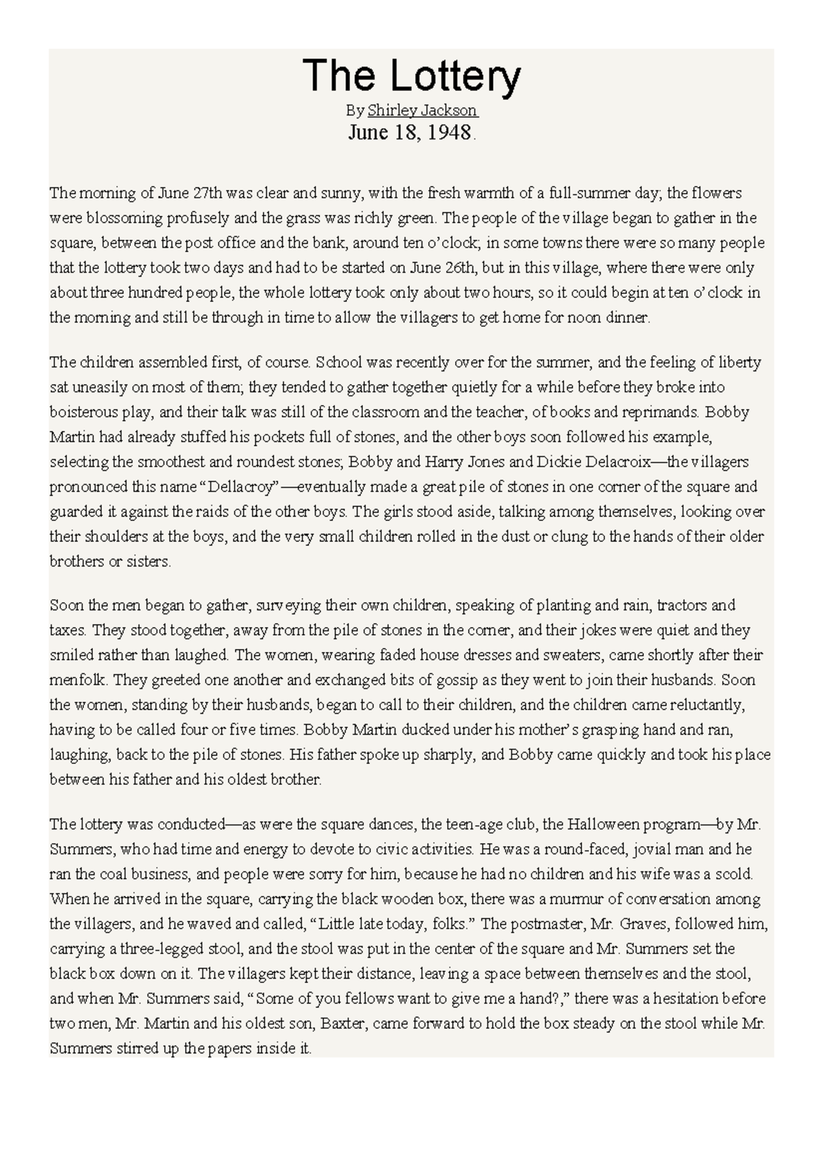 The-Lottery - a catch up friday - The Lottery By Shirley Jackson June ...