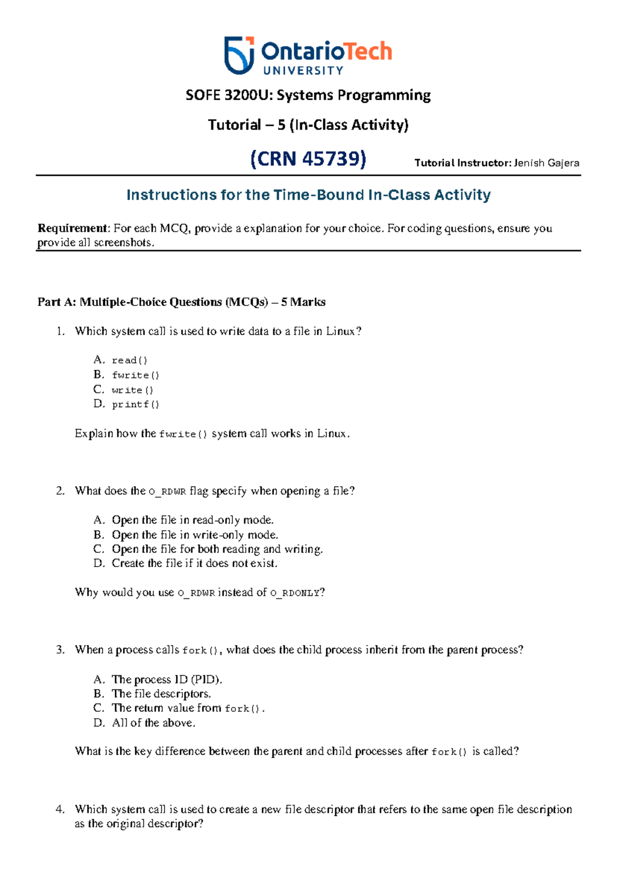 Tutorial-5 Activity CRN45739 - Tutorial Instructor: Jenish Gajera SOFE ...