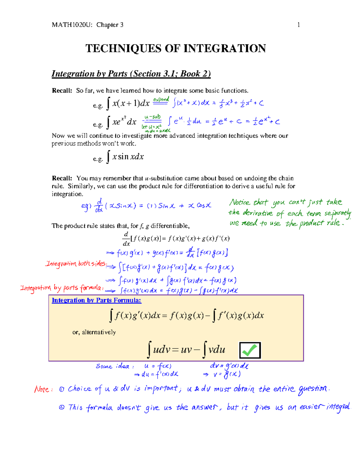 Lec1-Integration By Parts - TECHNIQUES OF INTEGRATION Integration by Parts (Section 3; Book 2 ...