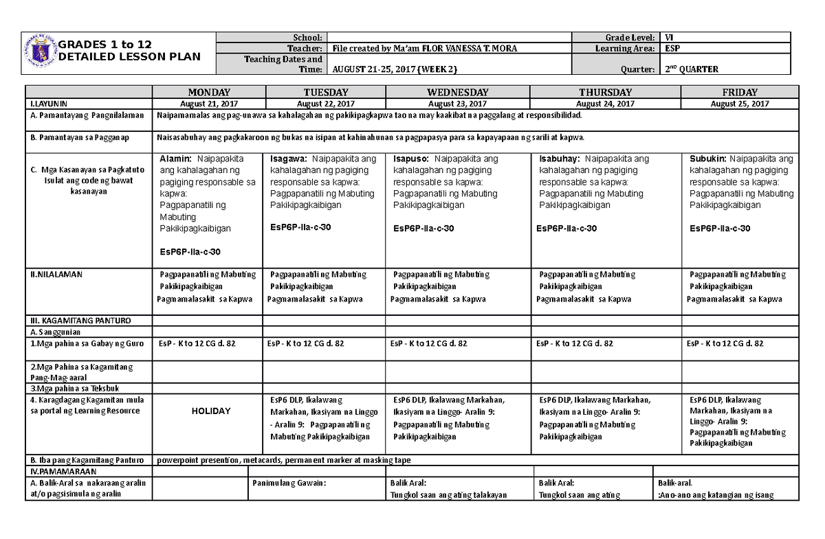 Dlp esp-6 q2 w2 - none - GRADES 1 to 12 DETAILED LESSON PLAN School ...