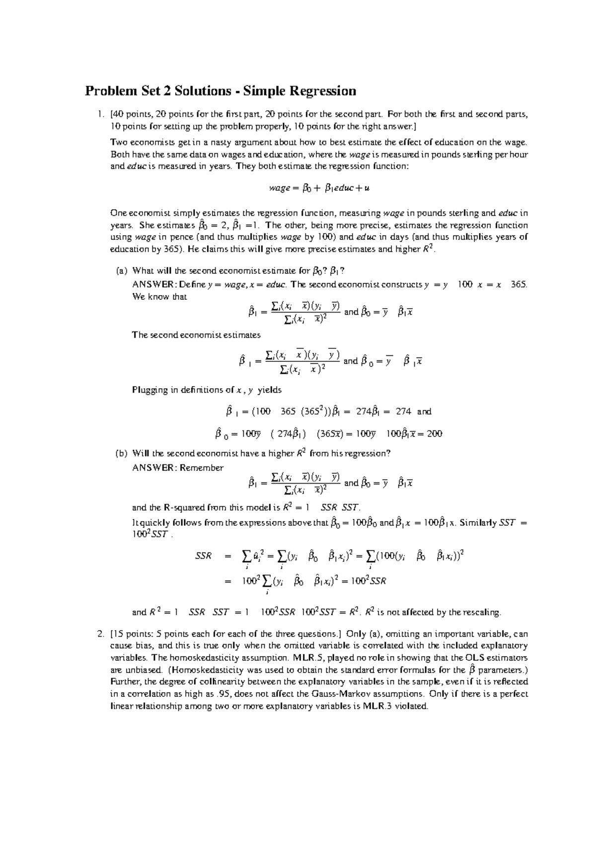 Metrics problem set 2 solutions - Problem Set 2 Solutions - Simple ...