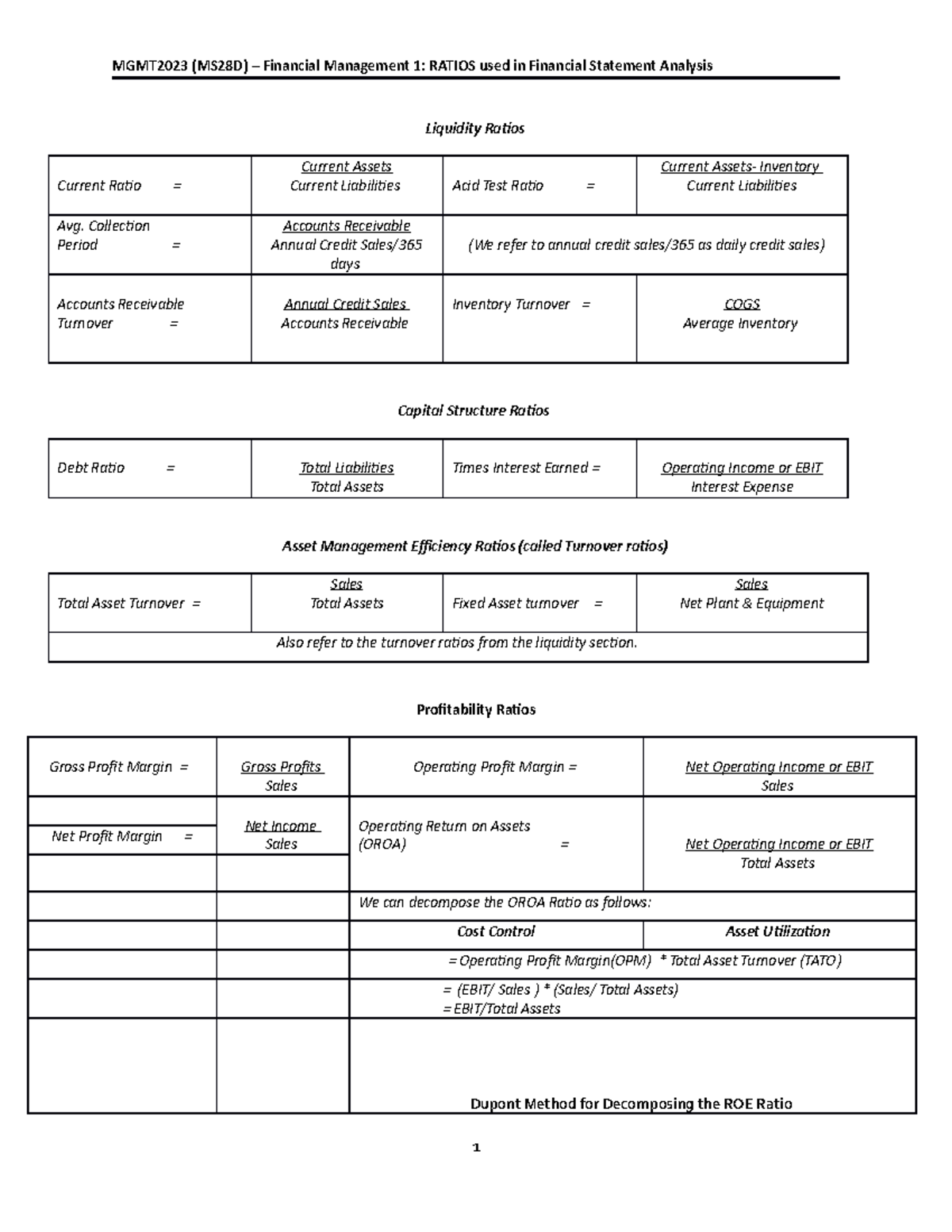 MGMT2023 Ratios Study Help Sheet - Liquidity Ratios Current Ratio = Current Assets - Studocu