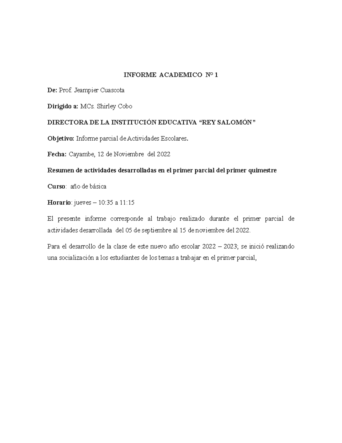 Ejemplo Informe Primer Parcial - INFORME ACADEMICO N° 1 De: Prof ...