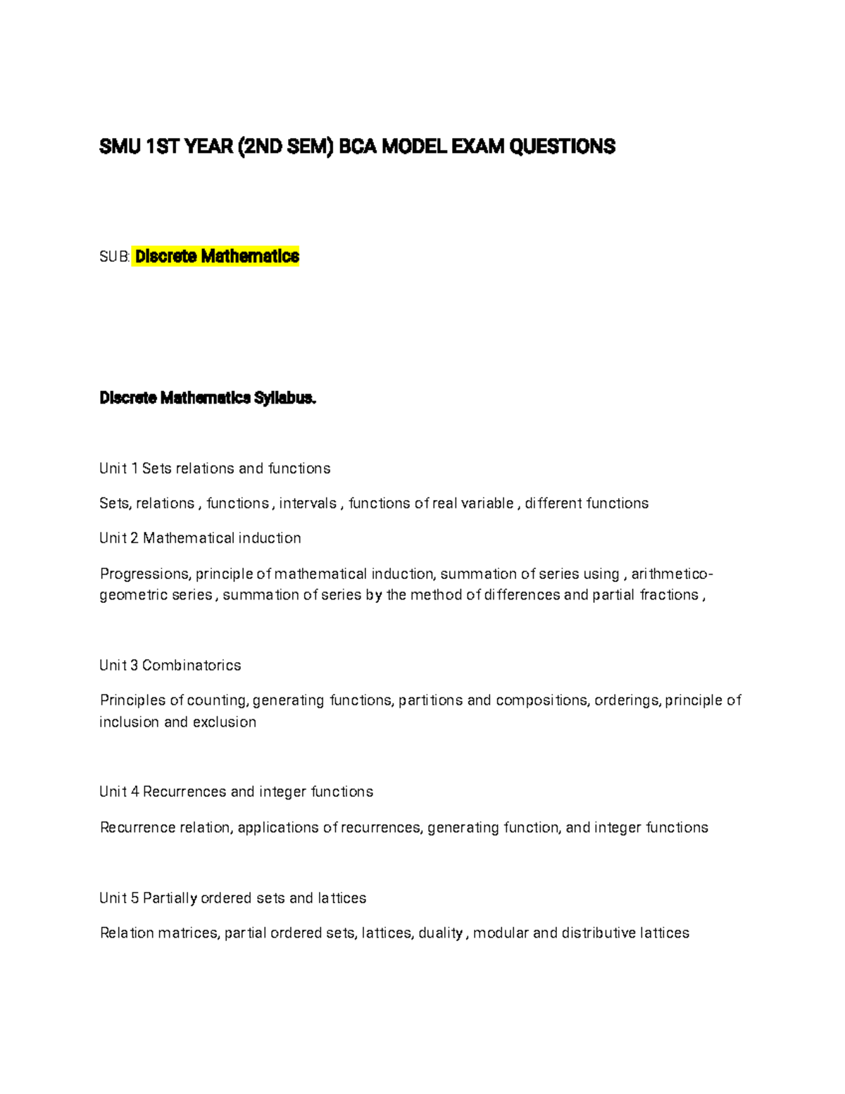 Discrete Mathematics - 1ST YEAR BCA-2ND SEM -SMU- Model EXAM - SMU 1 ...