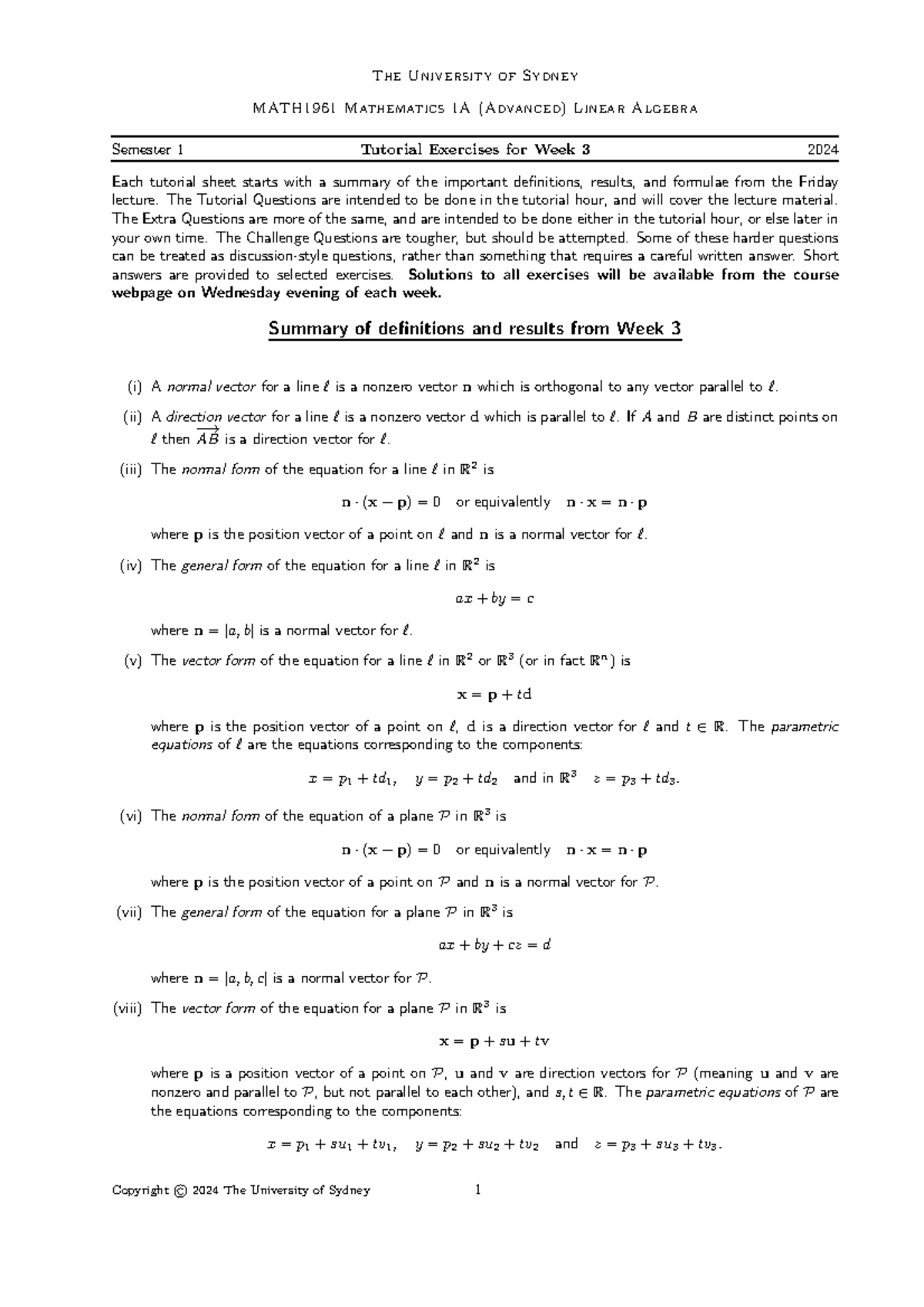 Linear Algebra (advanced) Tutorial Week 3 2024 for Math1A - The ...