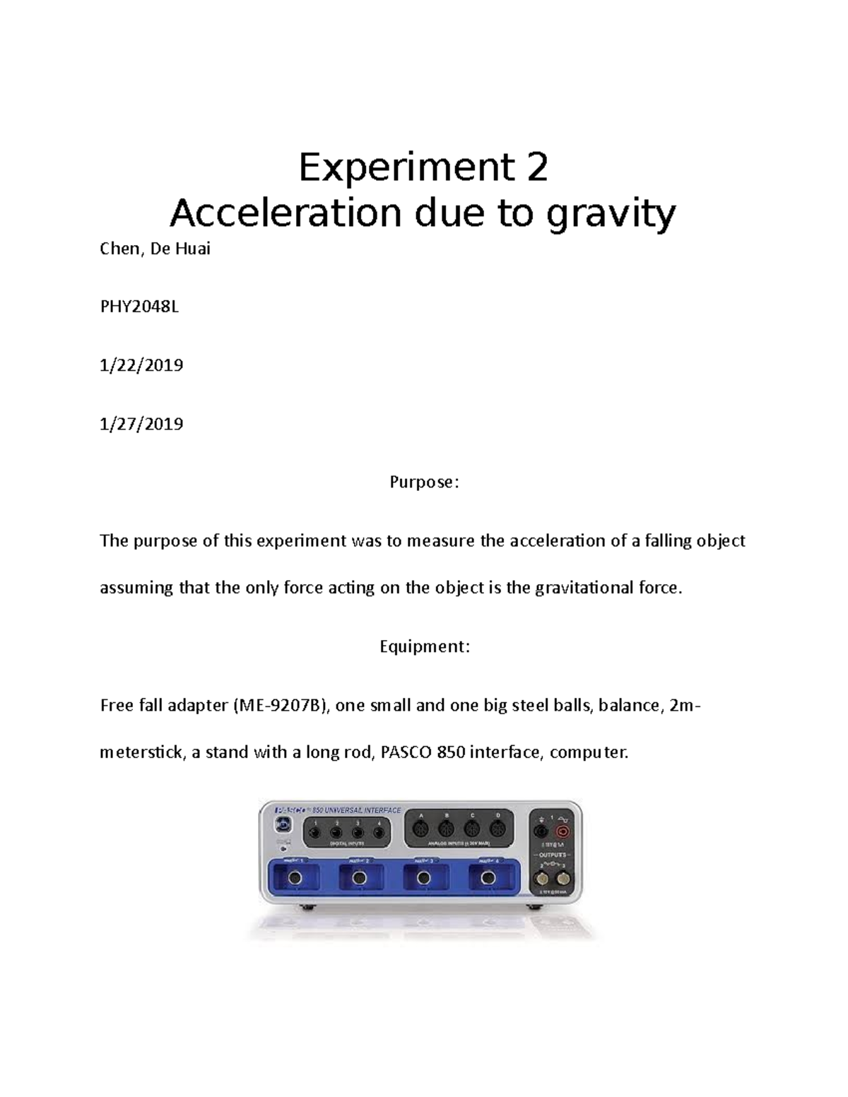 PHY Lab 2 - got a 100 on this assignment. - Experiment 2 Acceleration ...