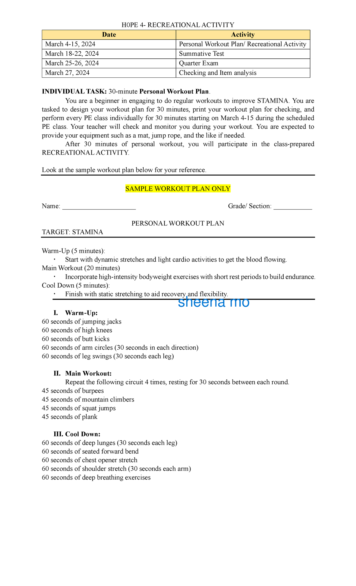 Work-out-plan - exercise - H0PE 4 - RECREATIONAL ACTIVITY Date Activity ...