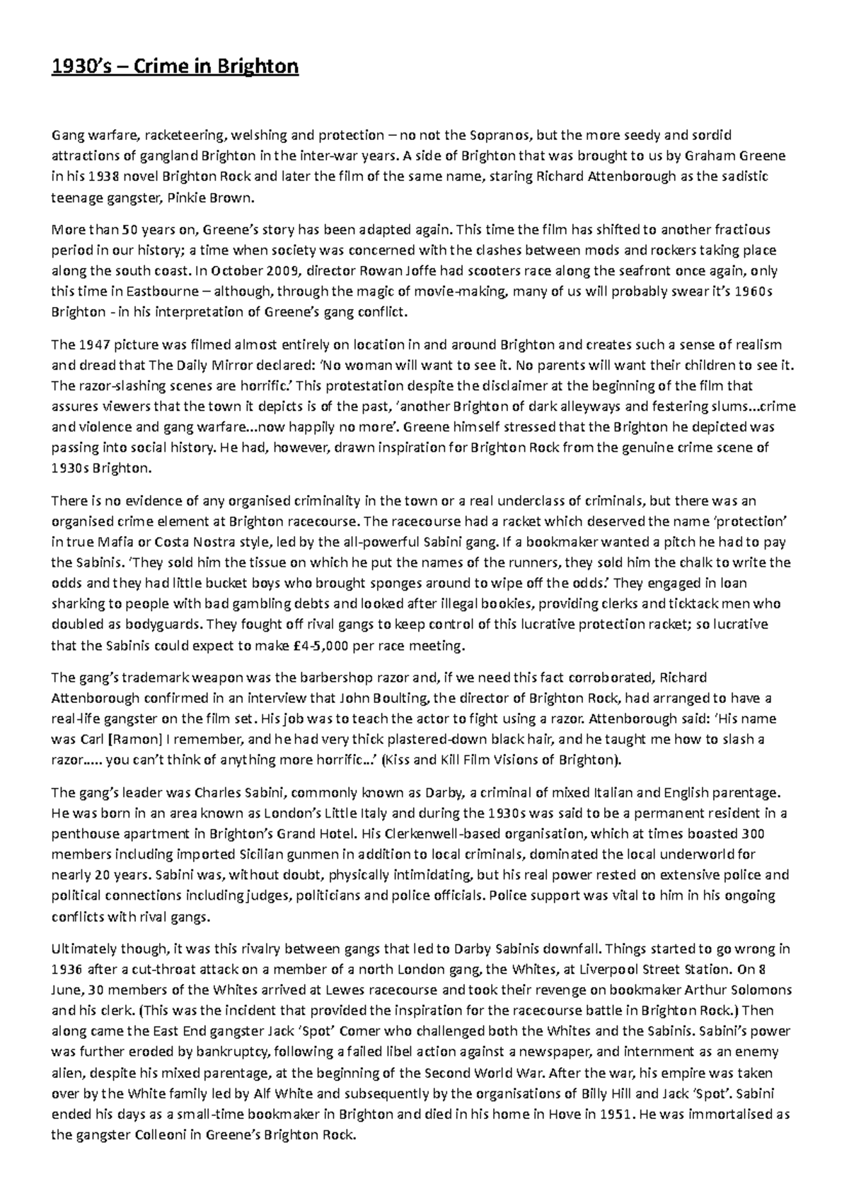 1930's Crime - Context - 1930’s – Crime in Brighton Gang warfare ...