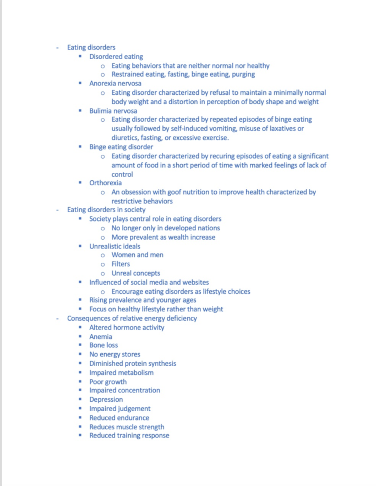 Nutrition Notes for exams part 14 - Eating disorders Disordered eating ...