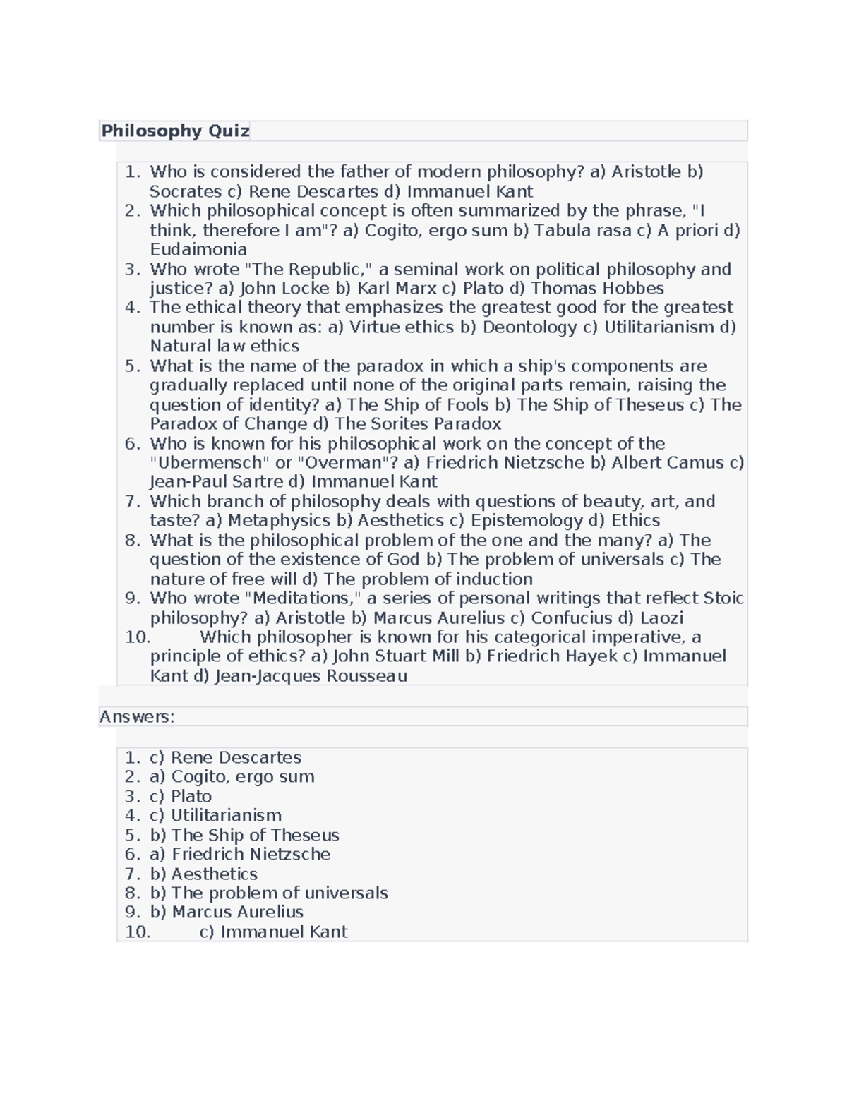 Philosophy Quiz - Who is considered the father of modern philosophy? a ...