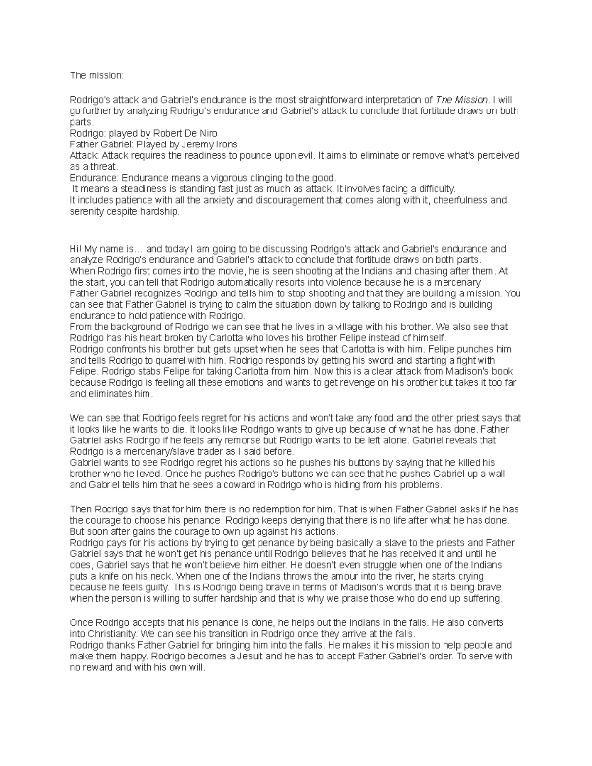 Notes 3 - The mission: Rodrigo’s attack and Gabriel’s endurance is the ...
