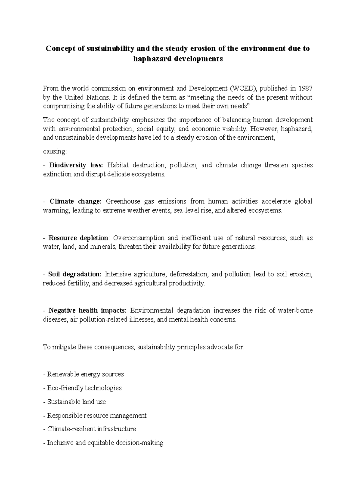 sustainability and the steady erosion of the environment due to ...