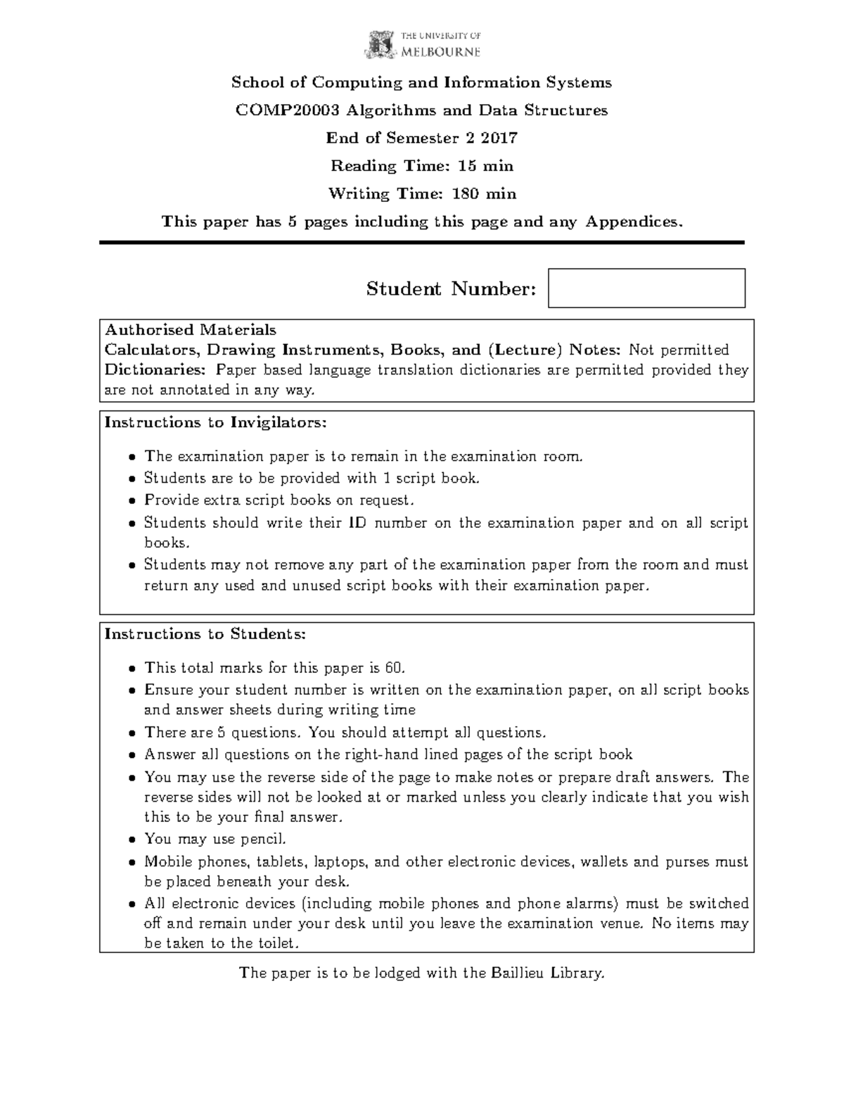 COMP2000 3 Exam sem2 2017 - School of Computing and Information Systems COMP20003 Algorithms and ...