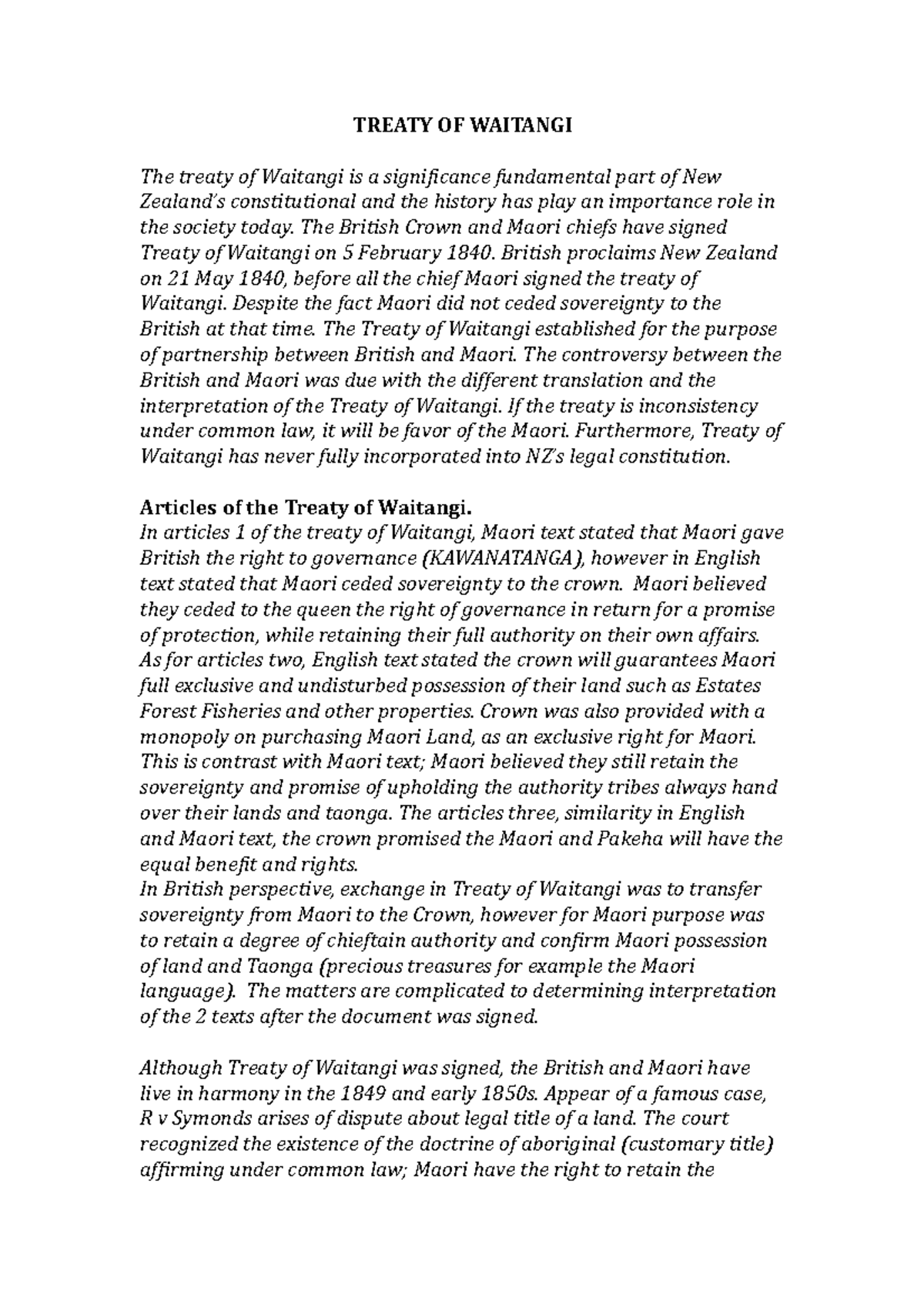 Treaty OF Waitangi full version - TREATY OF treaty of Waitangi is a ...