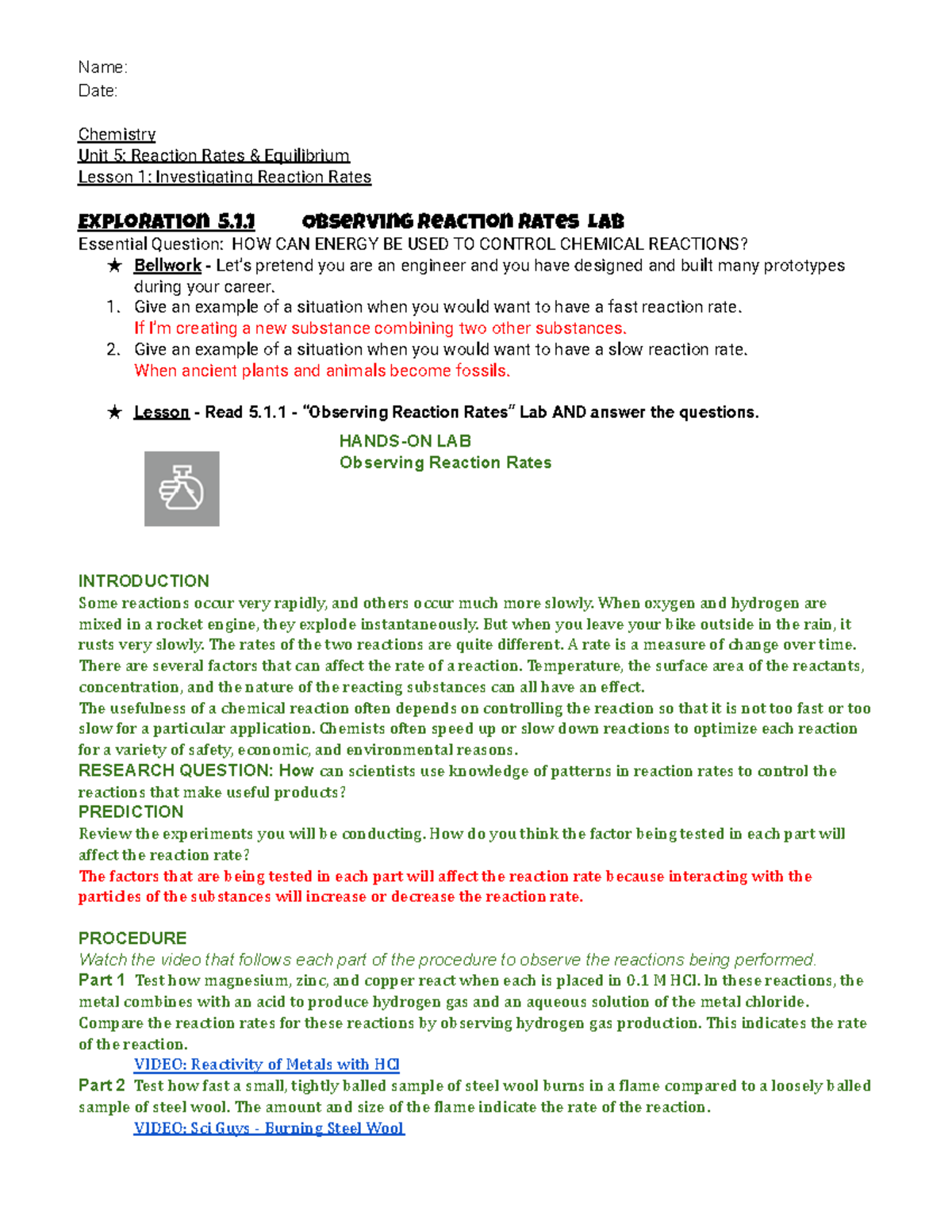 5.1.1 Reaction Rates Lab - Name: Date: Chemistry Unit 5: Reaction Rates ...