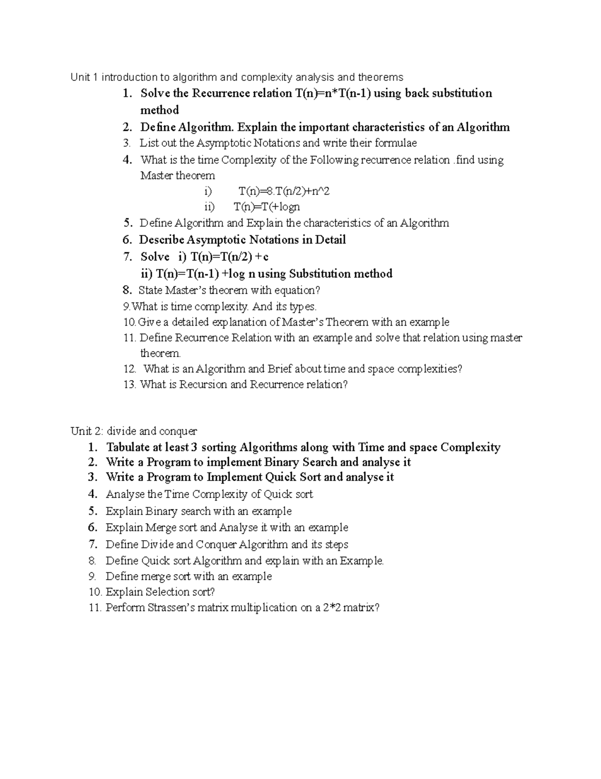 DAA questions bank - PSNM - Unit 1 introduction to algorithm and ...
