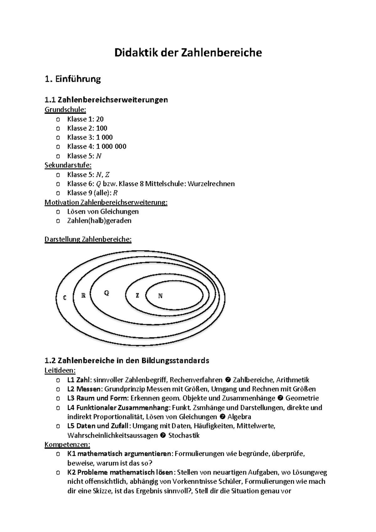 Zahlenbereiche Zusammenfassung - Didaktik der Zahlenbereiche 1. Einf ...