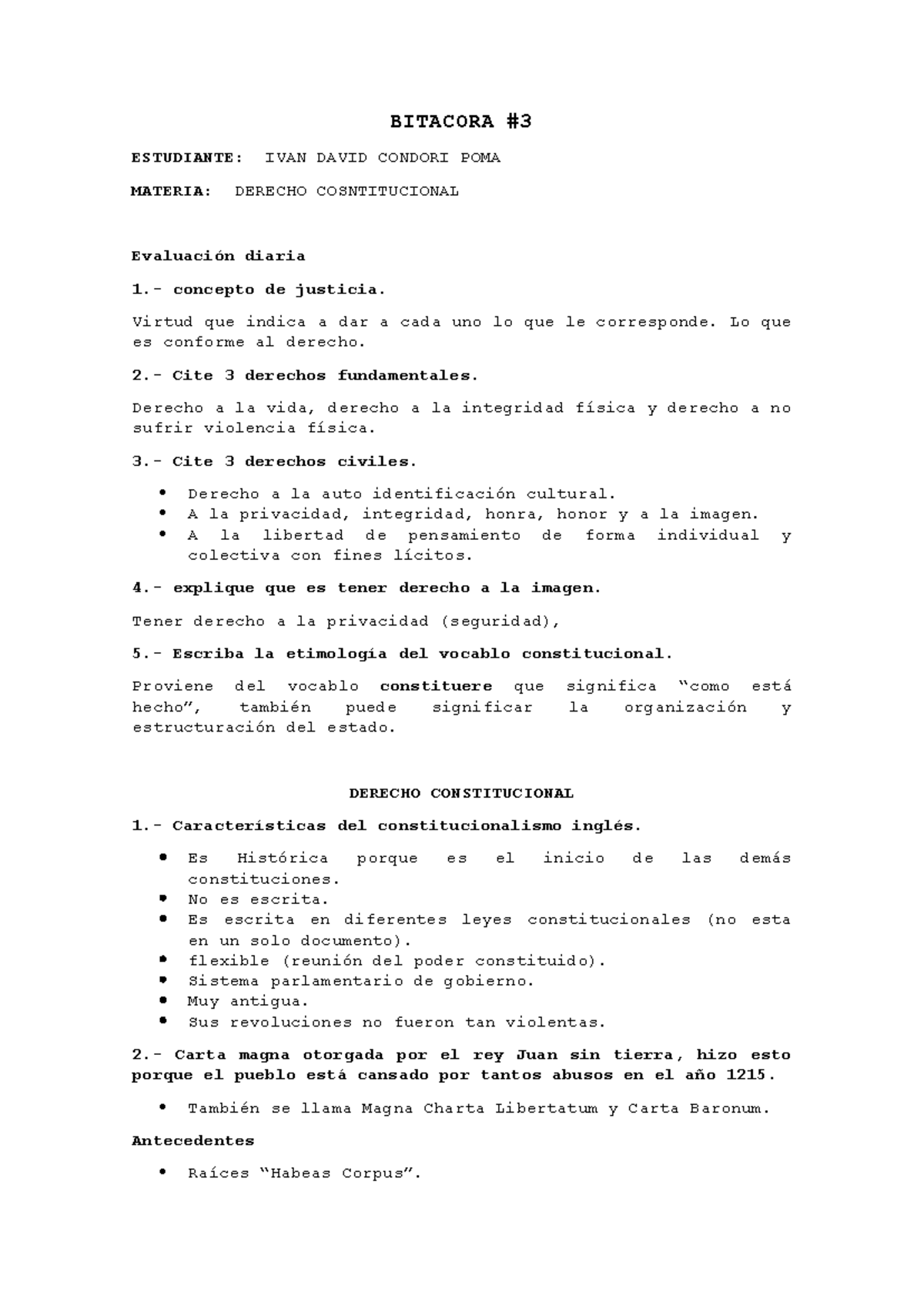 Bitacora del derecho constitucional - BITACORA ESTUDIANTE: IVAN DAVID ...
